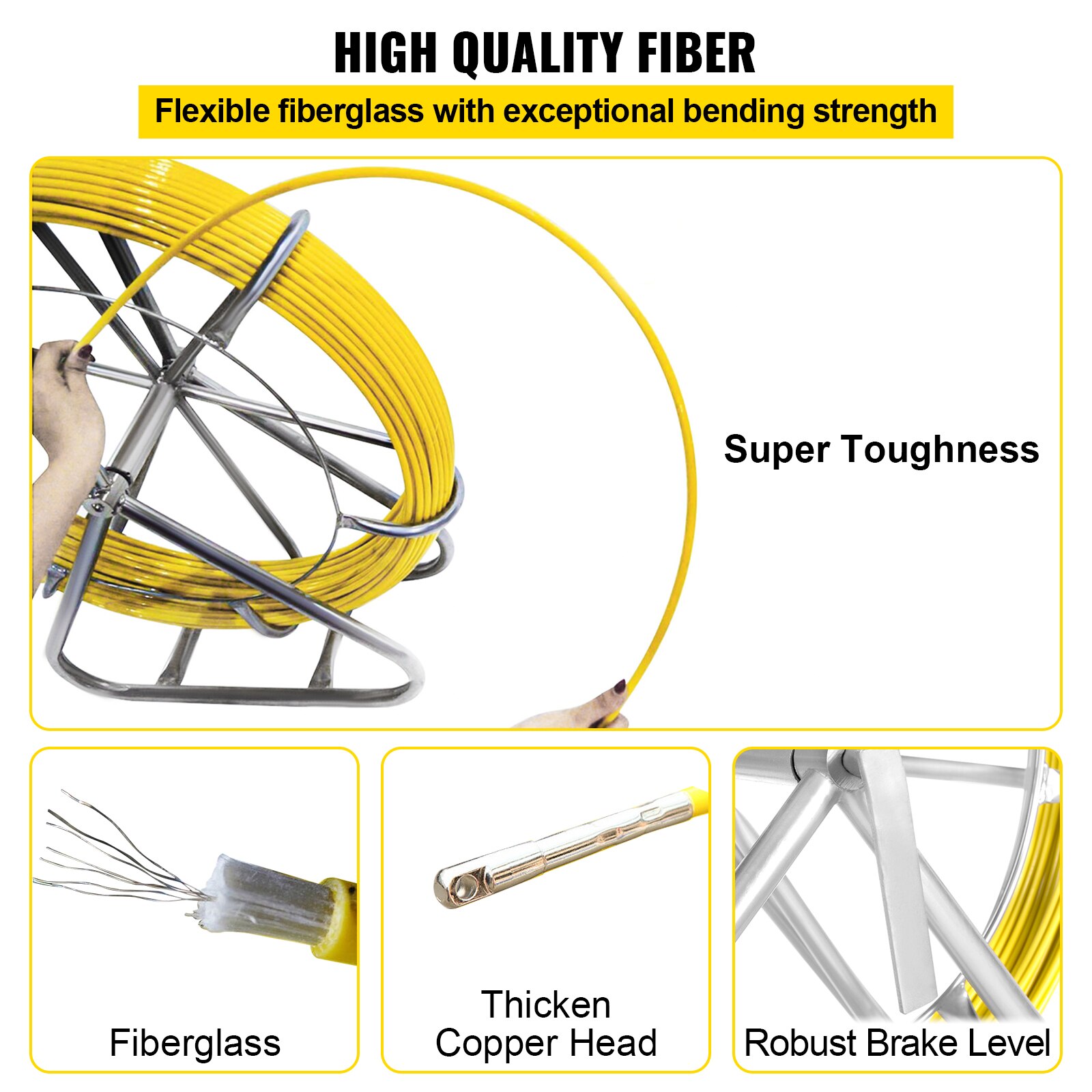 VEVOR 6MM x 130M Fiberglass Wire Cable Running Rod Snakes Fish Tape ...